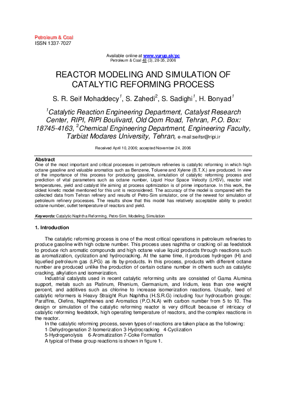(PDF) Reactor modeling and simulation of catalytic reforming process
