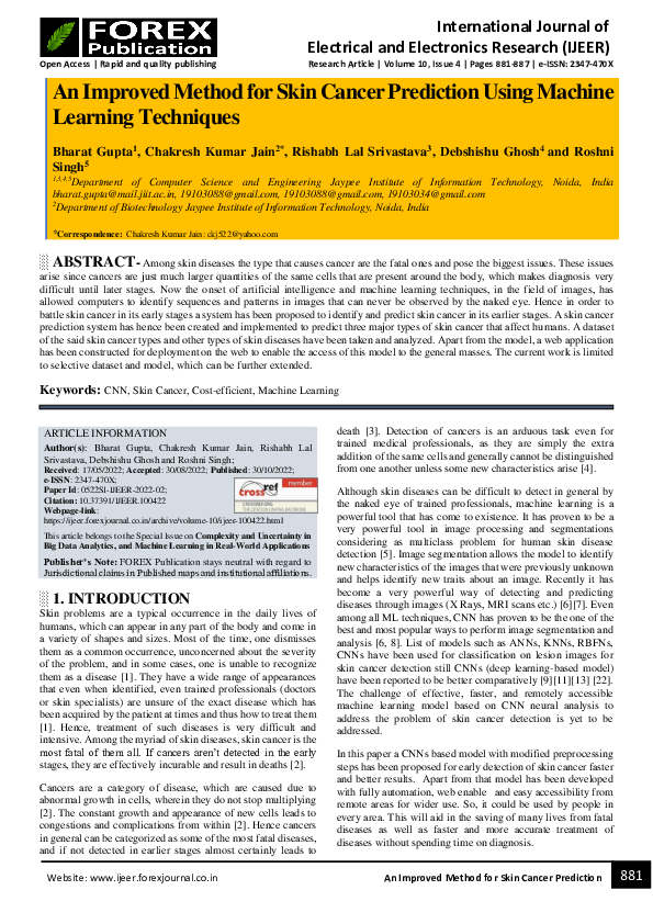 (PDF) An Improved Method for Skin Cancer Prediction Using Machine Learning Techniques