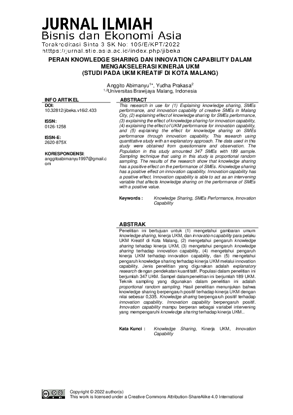 (PDF) Peran Knowledge Sharing Dan Innovation Capability Dalam Mengakselerasi Kinerja Ukm