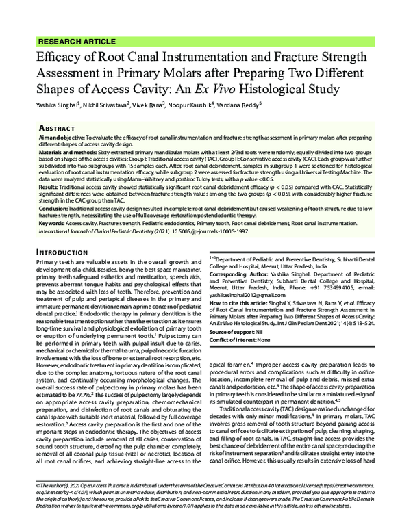 Pdf Efficacy Of Root Canal Instrumentation And Fracture Strength Assessment In Primary Molars