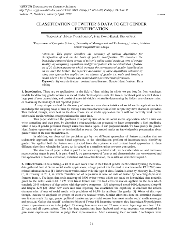 (PDF) Classification Of Twitter’s Data To Get Gender Identification