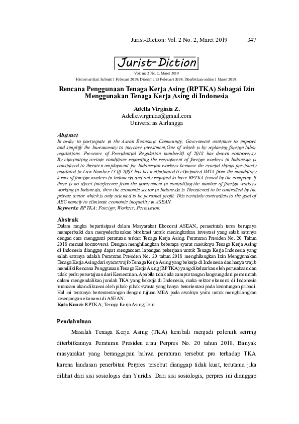 (PDF) Rencana Penggunaan Tenaga Kerja Asing (Rptka) Sebagai Izin ...
