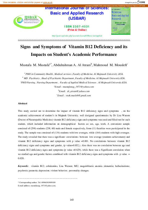 (PDF) Signs and Symptoms of Vitamin B12 Deficiency and its Impacts on ...