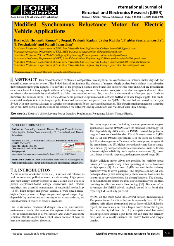 Pdf Modified Synchronous Reluctance Motor For Electric Vehicle Applications