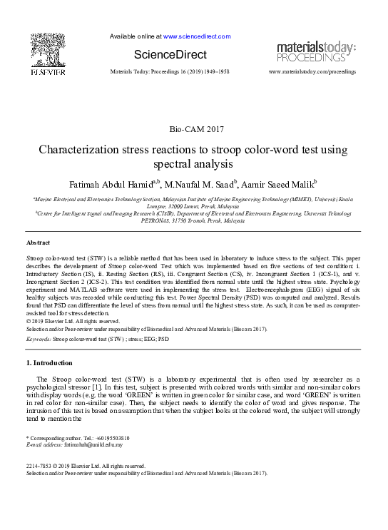 Pdf Characterization Stress Reactions To Stroop Color Word Test Using Spectral Analysis