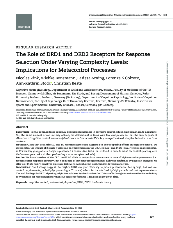 (PDF) The Role of DRD1 and DRD2 Receptors for Response Selection Under ...