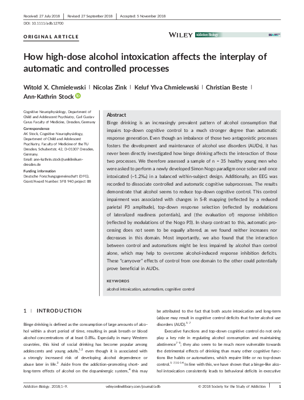 (PDF) How high‐dose alcohol intoxication affects the interplay of ...