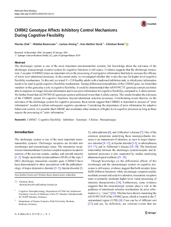 (PDF) CHRM2 Genotype Affects Inhibitory Control Mechanisms During Cognitive Flexibility