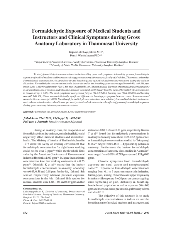 (PDF) Formaldehyde exposure of medical students and instructors and ...