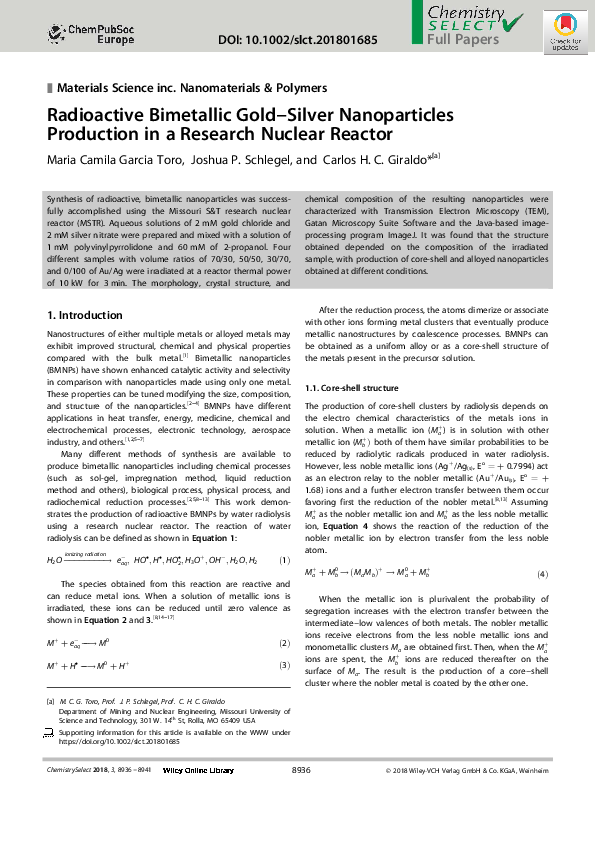 (PDF) Radioactive Bimetallic Gold-Silver Nanoparticles Production in a Research Nuclear Reactor ...