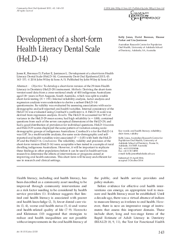 (PDF) Development of a short-form Health Literacy Dental Scale (HeLD-14)