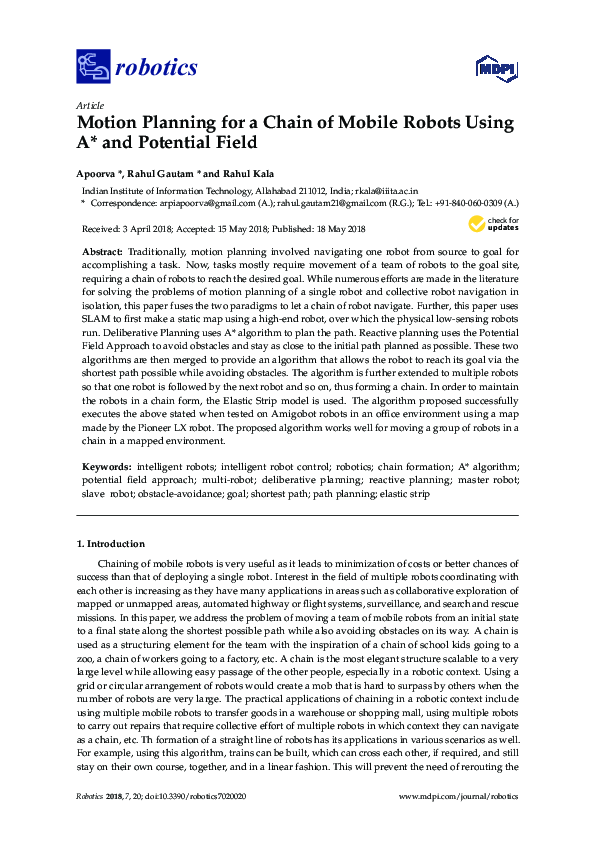 Pdf Motion Planning For A Chain Of Mobile Robots Using A And Potential Field 2392
