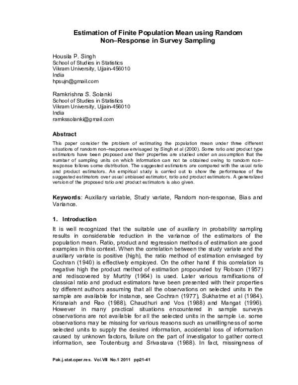 Pdf Estimation Of Finite Population Mean Using Random Non Response In Survey Sampling