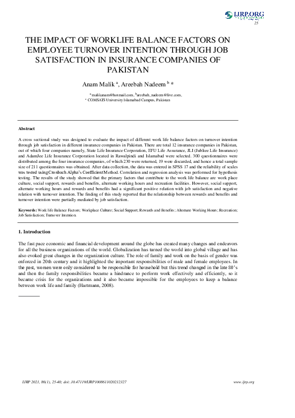 (PDF) The Impact of Worklife Balance Factors on Employee Turnover ...
