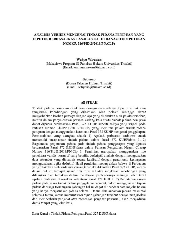 (PDF) Analisis Yuridis Mengenai Tindak Pidana Penipuan Yang Diputus Berdasarkan Pasal 372 ...