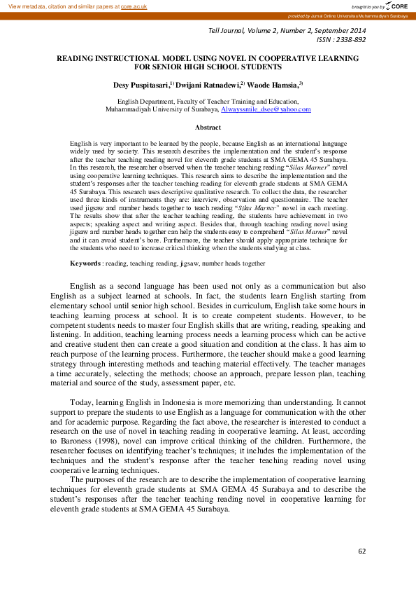 (PDF) Reading Instructional Model Using Novel in Cooperative Learning ...