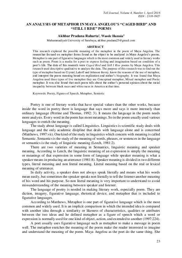(PDF) An Analysis of Metaphor in Maya Angelou’s “Caged Bird” and “Still ...