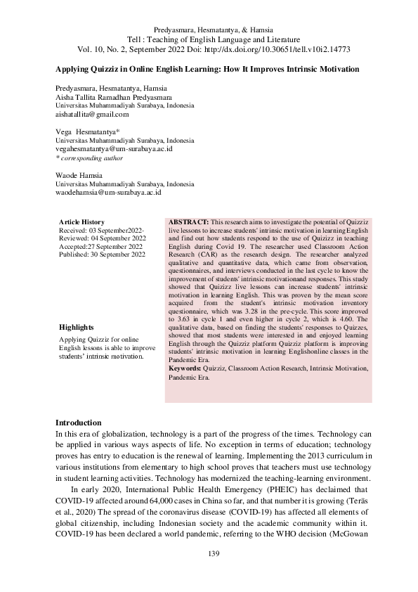 (PDF) Applying Quizziz in Online English Learning: How It Improves ...