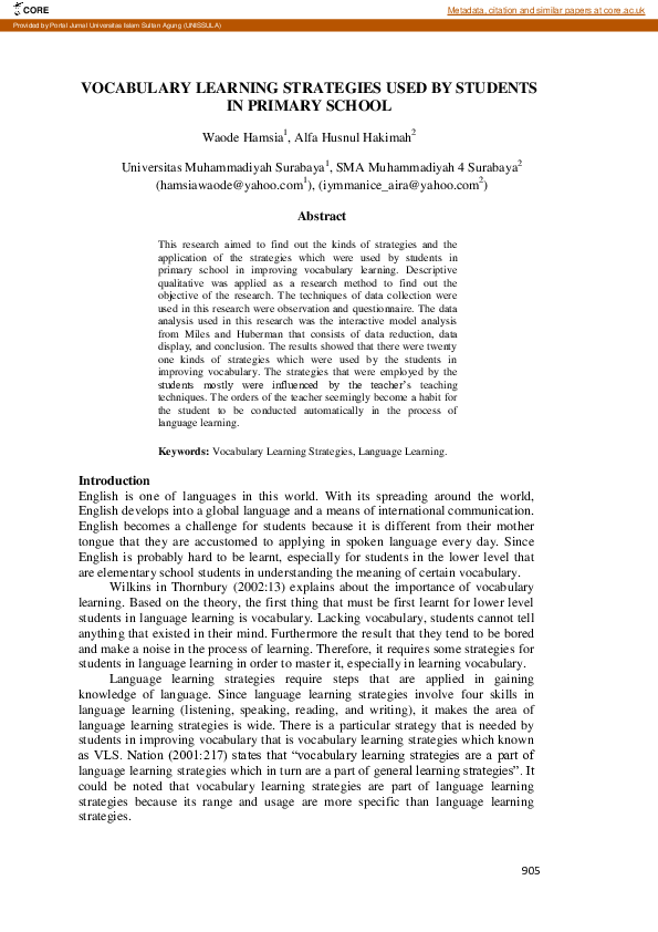 (PDF) Vocabulary Learning Strategies Used by Students in Primary School