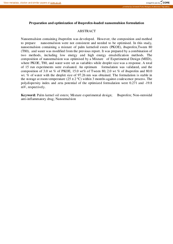 Pdf Preparation And Optimization Of Ibuprofen Loaded Nanoemulsion