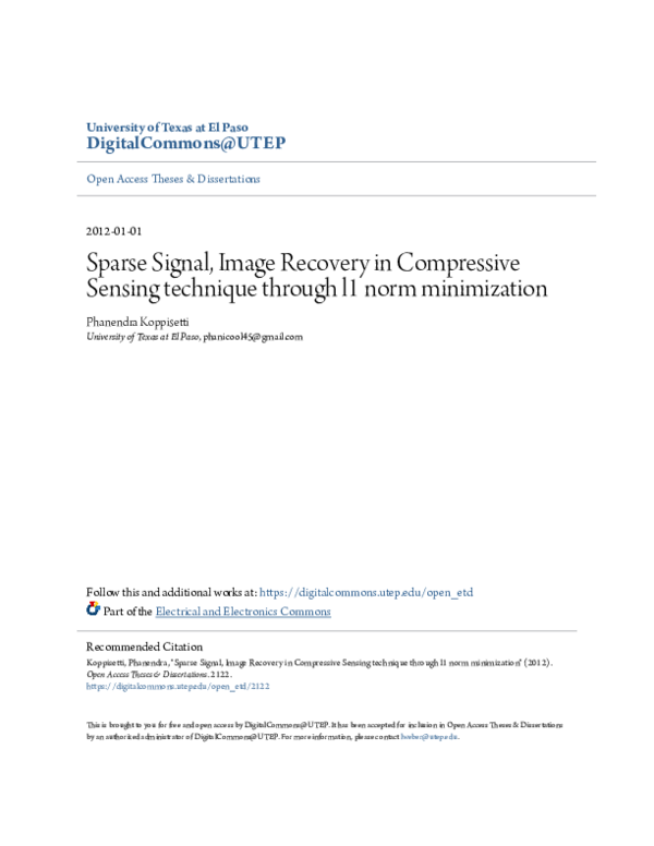 Pdf Sparse Signal Image Recovery In Compressive Sensing Technique Through L1 Norm