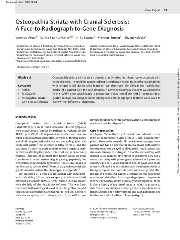(PDF) Osteopathia Striata with Cranial Sclerosis: A Face-to-Radiograph ...