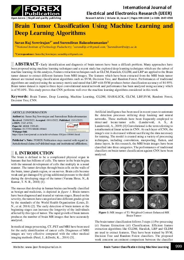 (PDF) Brain Tumor Classification Using Machine Learning and Deep ... (PDF) Brain Tumor Classification Using Machine Learning and Deep ...