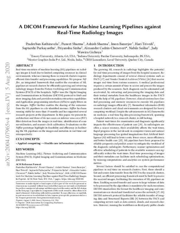 (PDF) A DICOM Framework for Machine Learning Pipelines against Real-Time Radiology Images