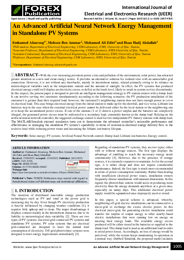 Pdf An Advanced Artificial Neural Network Energy Management In Standalone Pv Systems