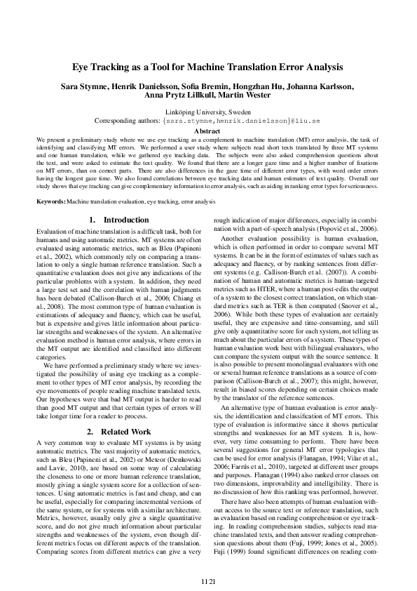 (PDF) Eye Tracking as a Tool for Machine Translation Error Analysis