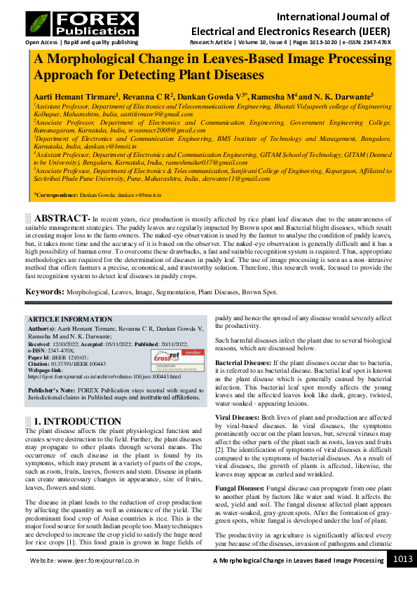 (PDF) A Morphological Change in Leaves-Based Image Processing Approach for Detecting Plant Diseases