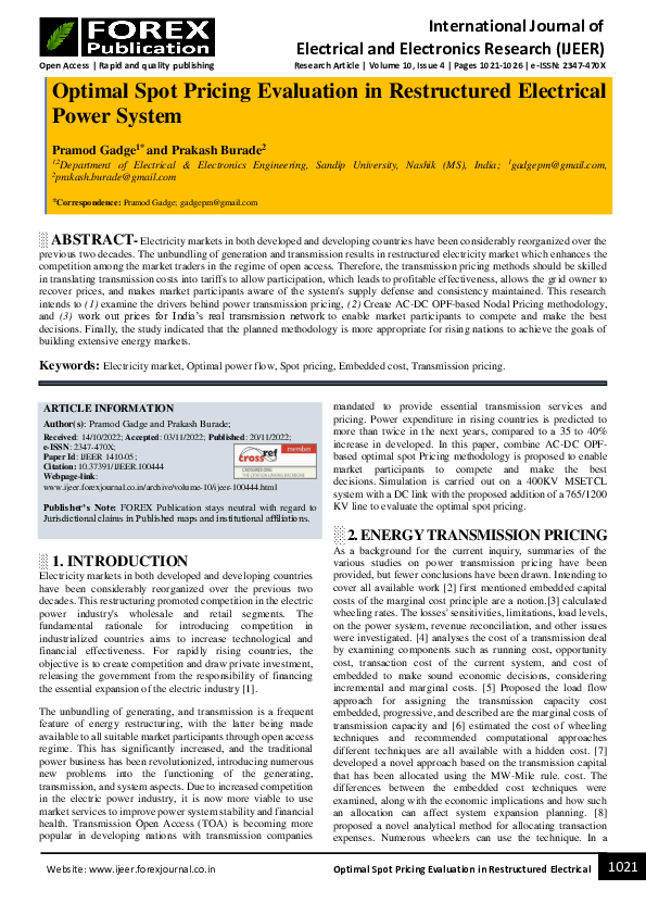 (PDF) Optimal Spot Pricing Evaluation in Restructured Electrical Power ...