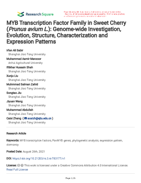 (PDF) MYB Transcription Factor Family in Sweet Cherry (Prunus avium L.): Genome-wide ...