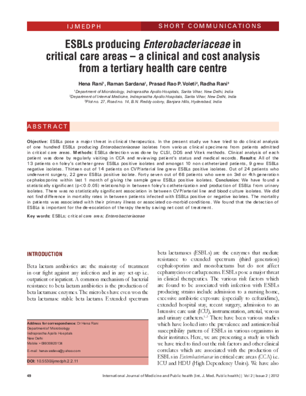 (PDF) ESBLs producing Enterobacteriaceae in critical care areas – a ...
