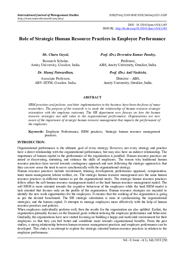 (PDF) Role of Strategic Human Resource Practices in Employee Performance