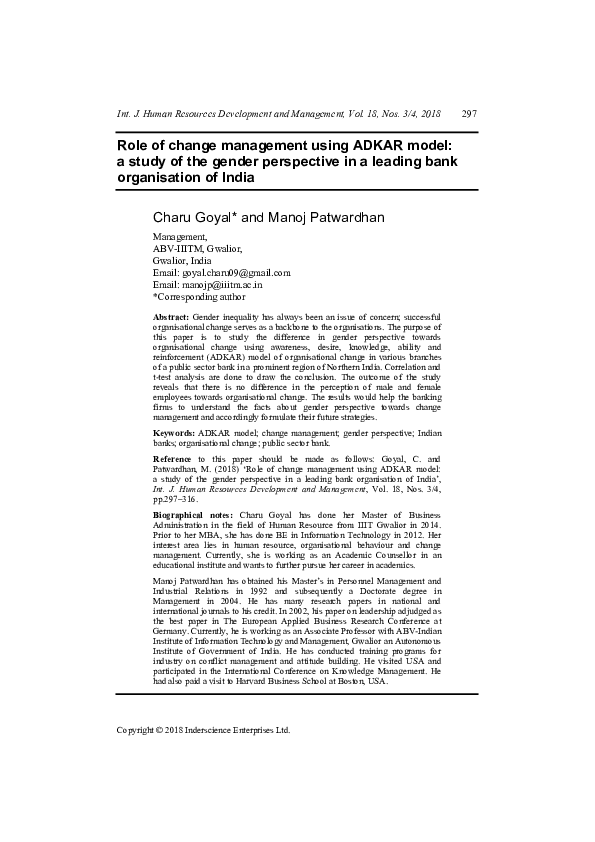 (PDF) Role of change management using ADKAR model: a study of the ...