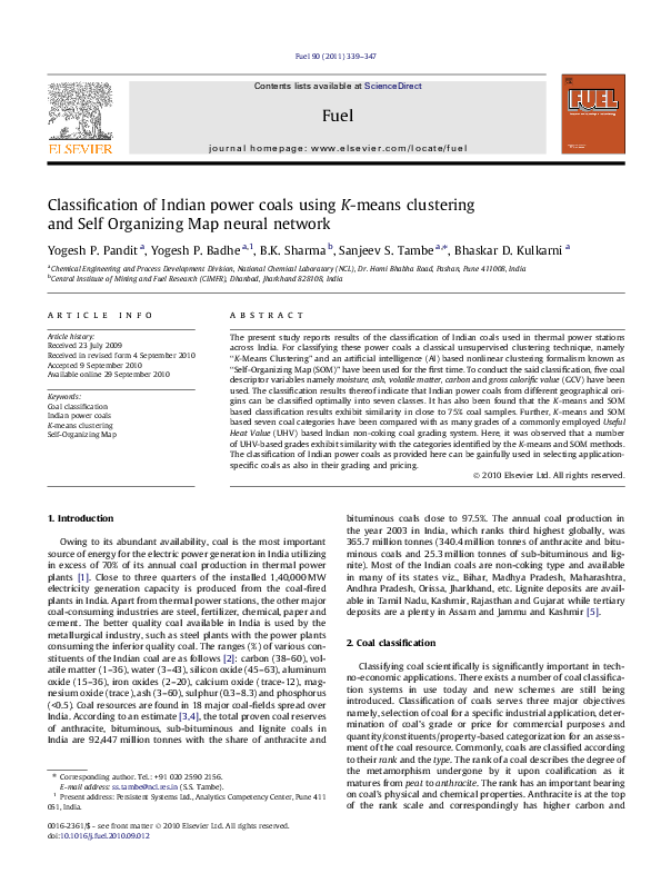 (PDF) Classification of Indian power coals using K-means clustering and Self Organizing Map ...