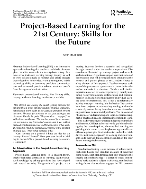 (PDF) Project-Based Learning for the 21st Century: Skills for the Future