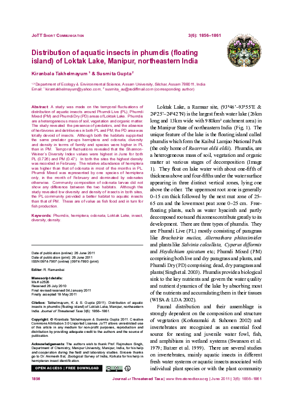 (PDF) Distribution of aquatic insects in phumdis (floating island) of ...