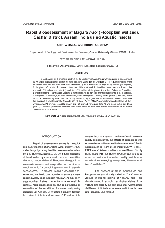 (PDF) Rapid Bioassessment of Magura haor (Floodplain wetland), Cachar District, Assam, India ...