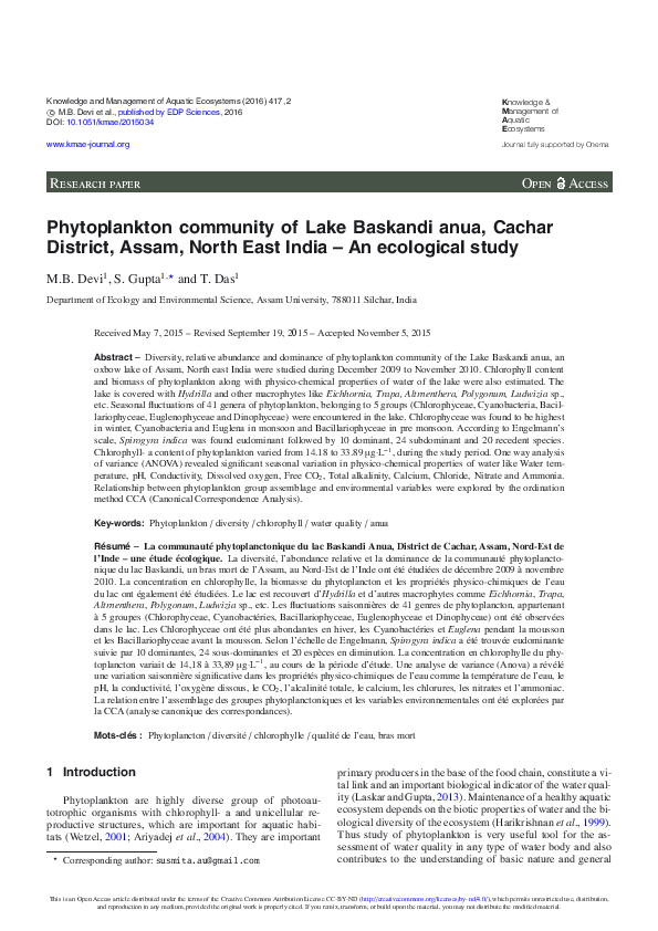 (PDF) Phytoplankton community of Lake Baskandi anua, Cachar District, Assam, North East India ...