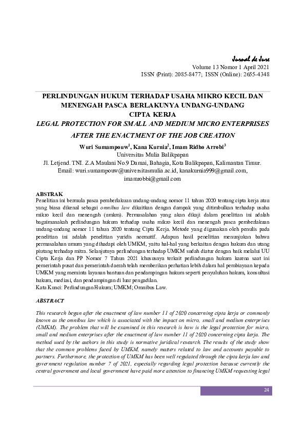 (PDF) Perlindungan Hukum Terhadap Usaha Mikro Kecil dan Menengah Pasca Pemberlakuan Undang ...