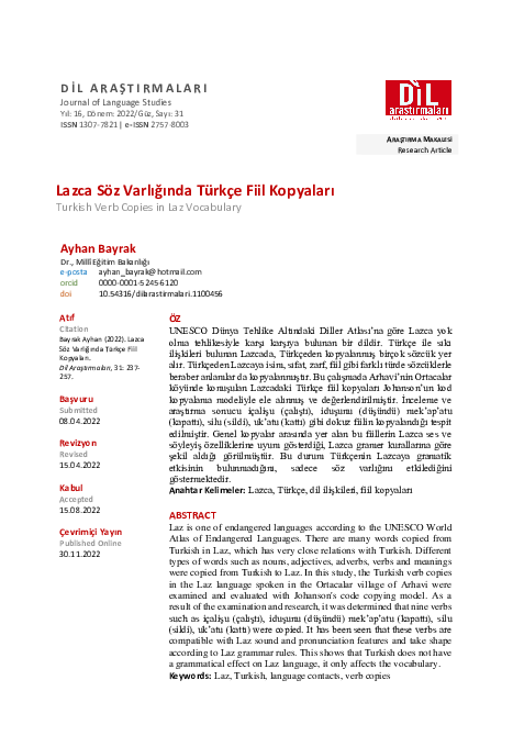 (PDF) Lazca Söz Varlığında Türkçe Fiil Kopyaları Turkish Verb Copies in ...