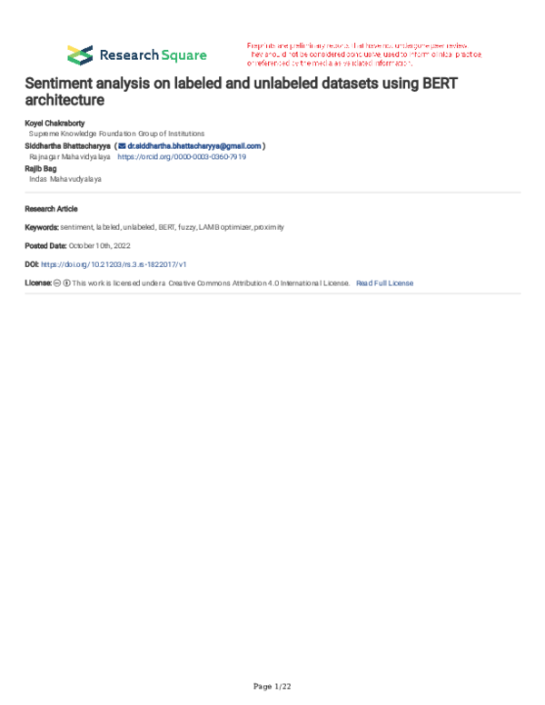 Pdf Sentiment Analysis On Labeled And Unlabeled Datasets Using Bert Architecture Koyel