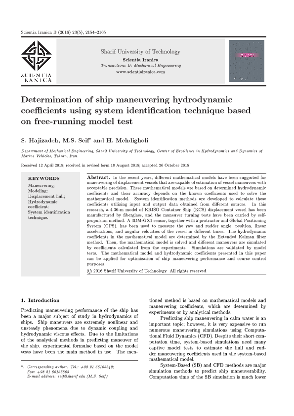 (PDF) Determination of ship maneuvering hydrodynamic coecients using system identication ...