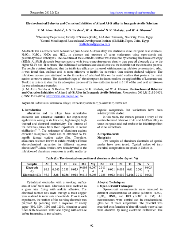 (PDF) Electrochemical Behavior and Corrosion Inhibition of Al and Al-Si Alloy in Inorganic ...