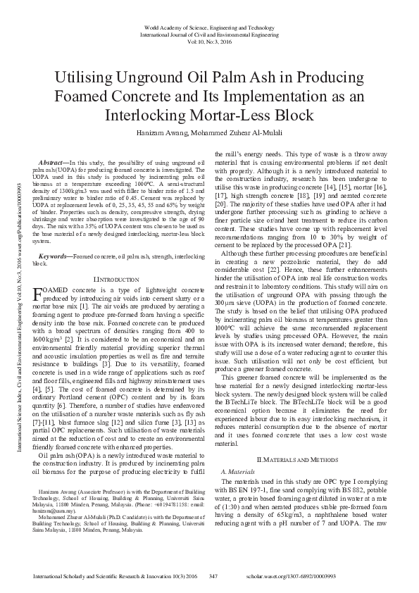 (PDF) Utilising Unground Oil Palm Ash In Producing Foamed Concrete And ...