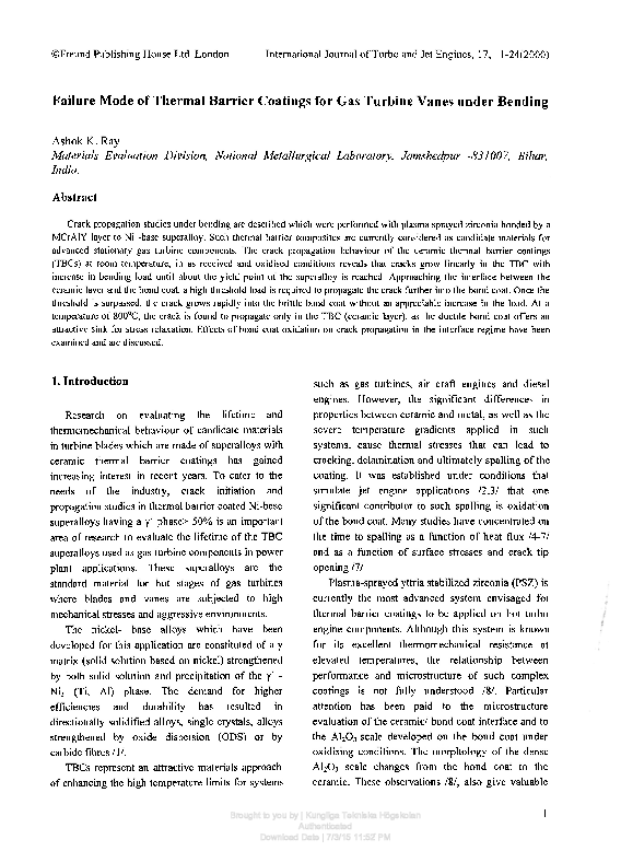 (PDF) Failure Mode of Thermal Barrier Coatings for Gas Turbine Vanes ...