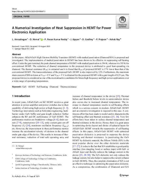 (PDF) A Numerical Investigation of Heat Suppression in HEMT for Power Electronics Application