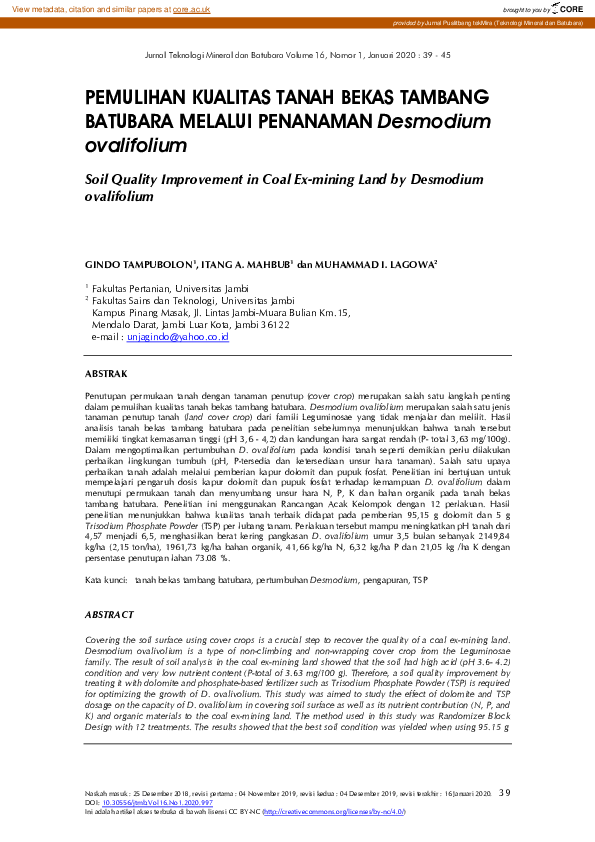 (PDF) Pemulihan Kualitas Tanah Bekas Tambang Batubara melalui Penanaman Desmodium ovalifolium